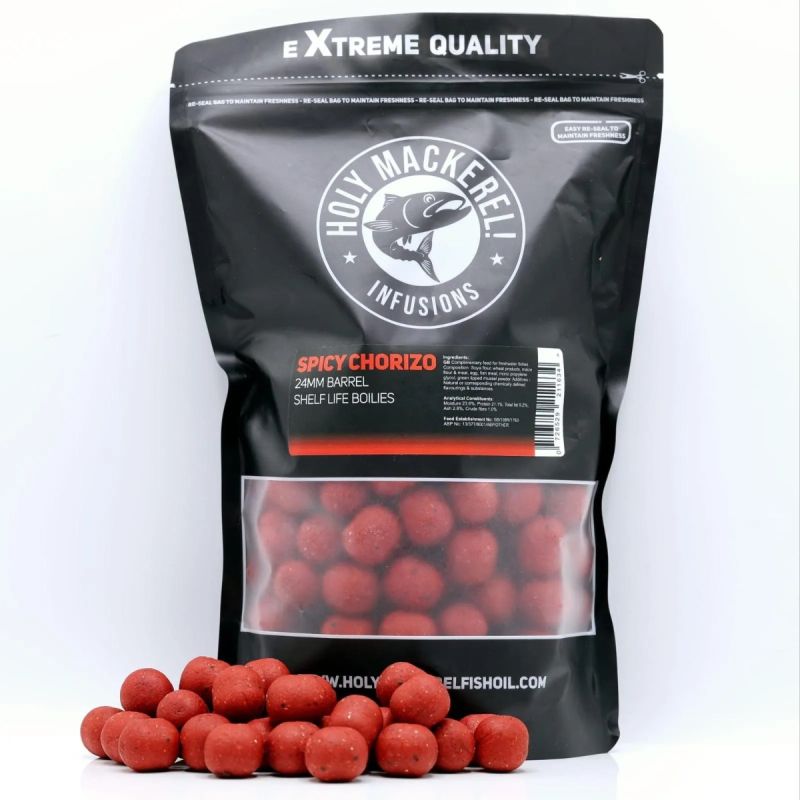 Holy Mackerel - Spicy Chorizo Barrel Boilies 24mm Shelf Life 1kg